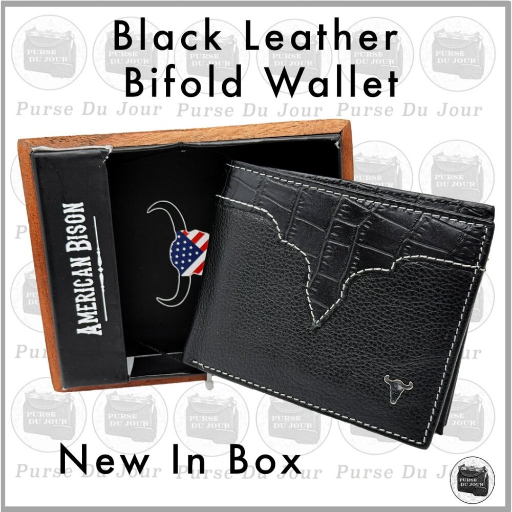 American Bison Men's Bifold Wallet Black Leather Croc… - Gem